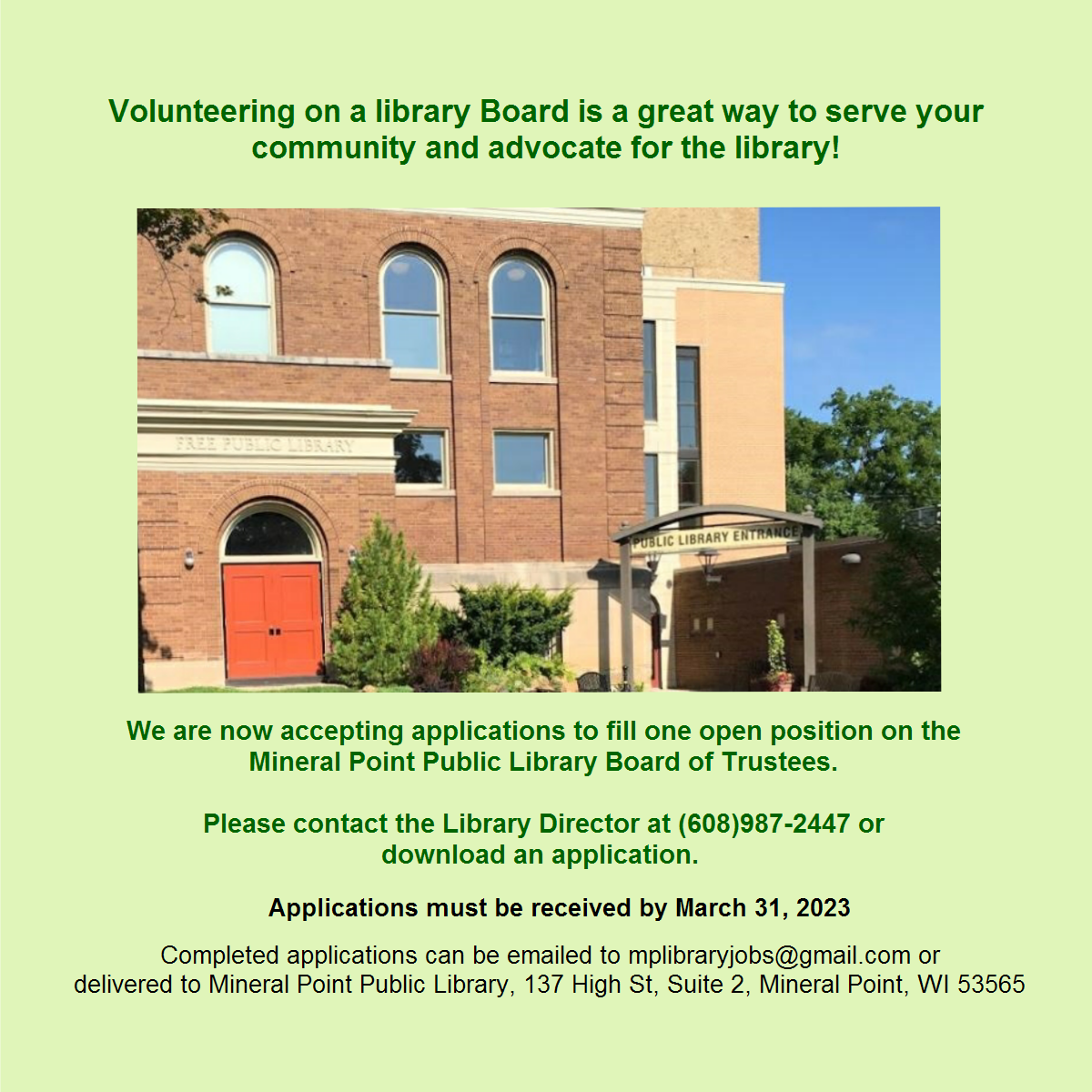 Library Board of Trustees position – Mineral Point Public Library