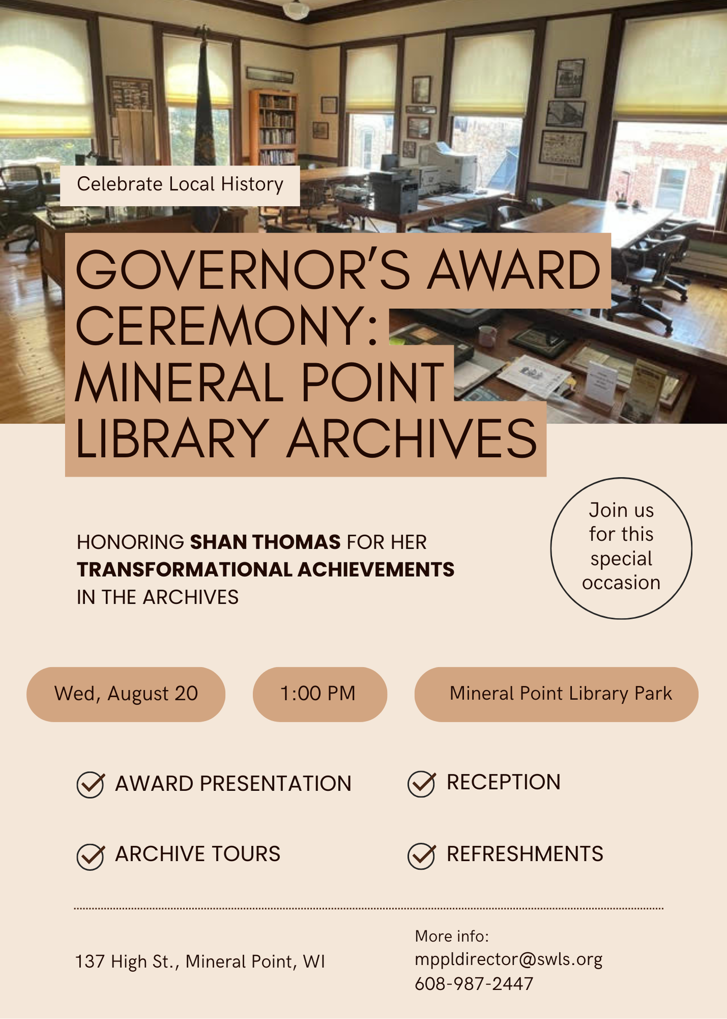 Governor’s Archival Achievement Award – Mineral Point Public Library
